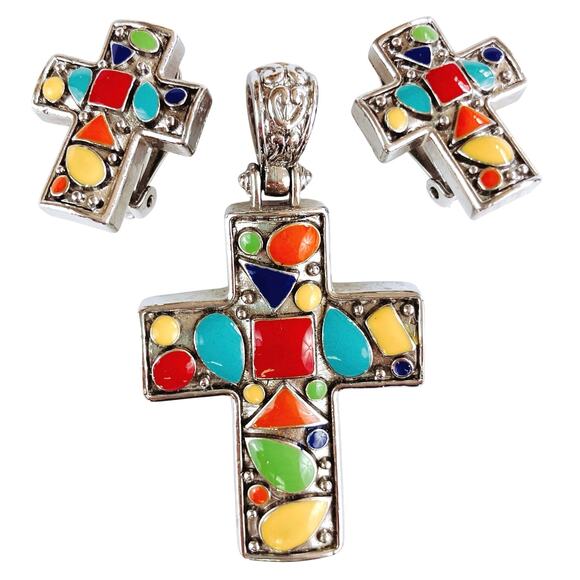 Vintage | Jewelry | Vtg Mx Signature Style Mosaic Cross Pendant Clip ...